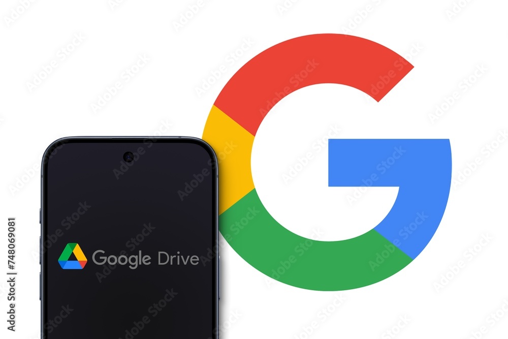 Google Drive Logo is displayed on a modern smartphone, big Google Logo ...