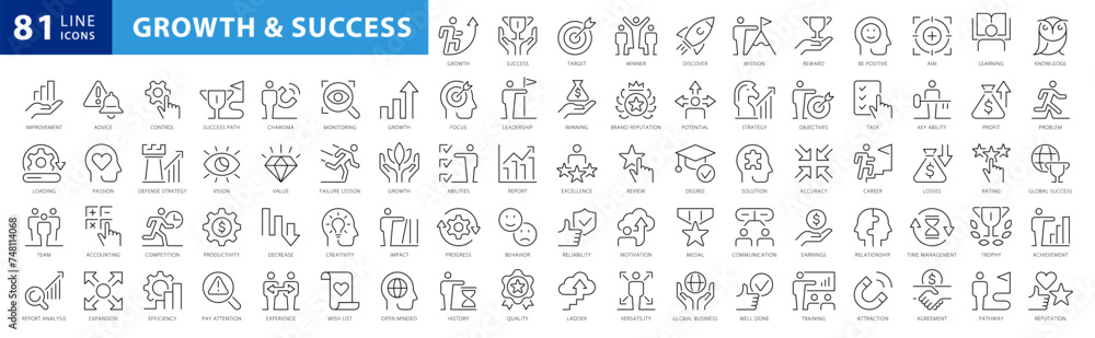 Growth and success line icons collection. Big UI icon set in a flat ...