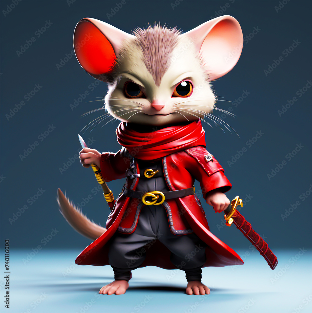Cartoon mouse, ninja, samurai in 3D. Mouse warrior character slashes ...