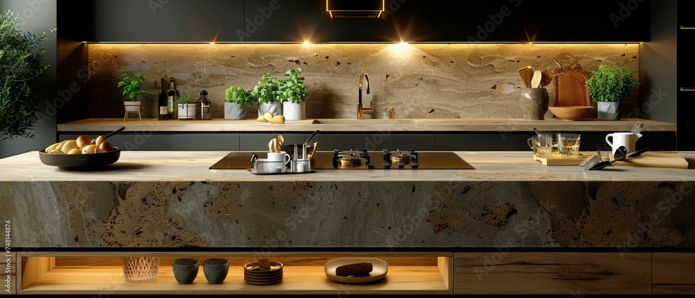 This modern design kitchen includes a light counter top, a sink, an ...