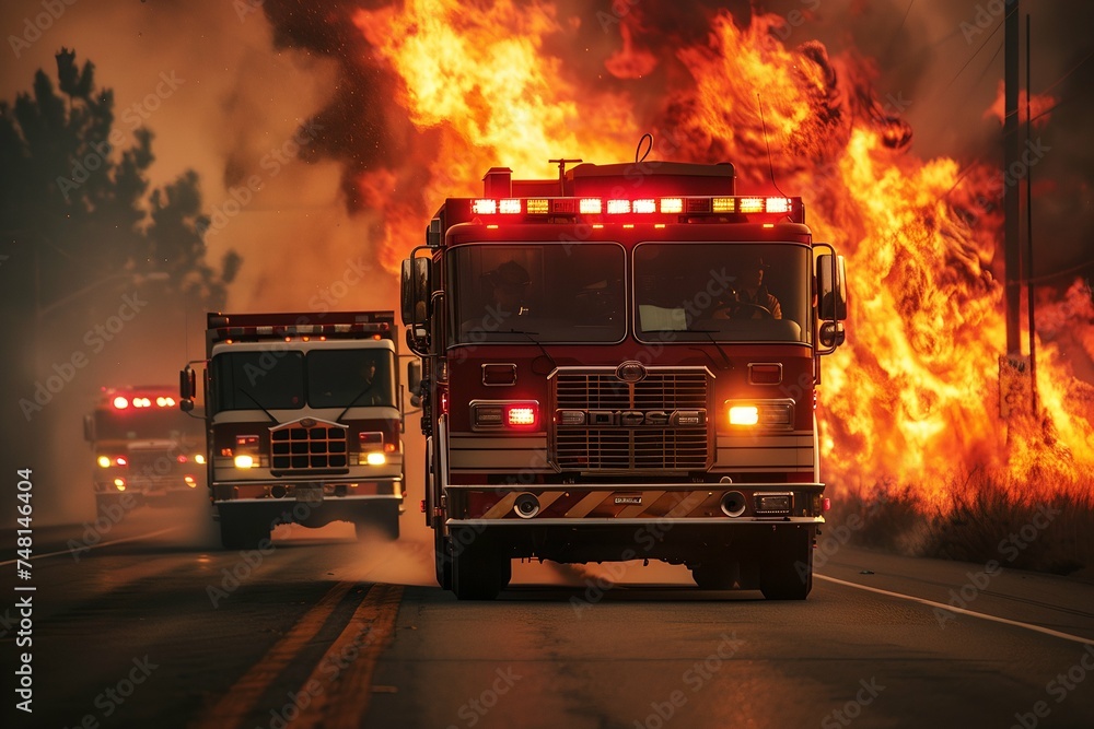 Fire trucks driving towards wildfire on road. Wildfire and disaster ...