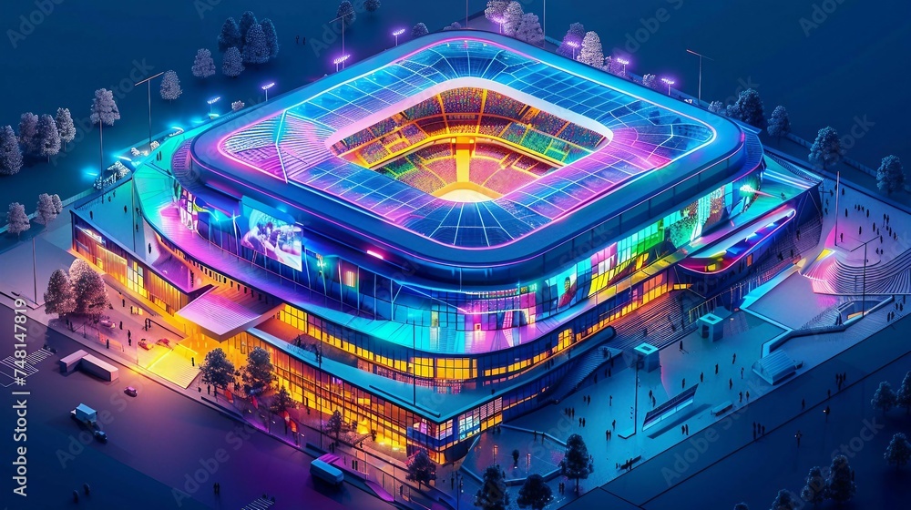 an isometric 3D smart stadium building with a highly technological ...