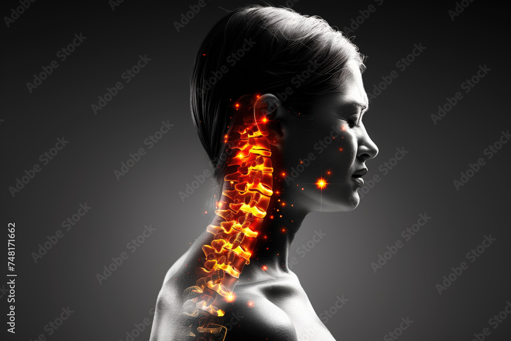 Hernia of the cervical spine, neck pain, woman suffering from backache ...
