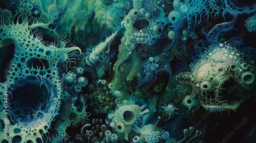 Layers of abstract imagery in cool blue and green tones resembling an ...