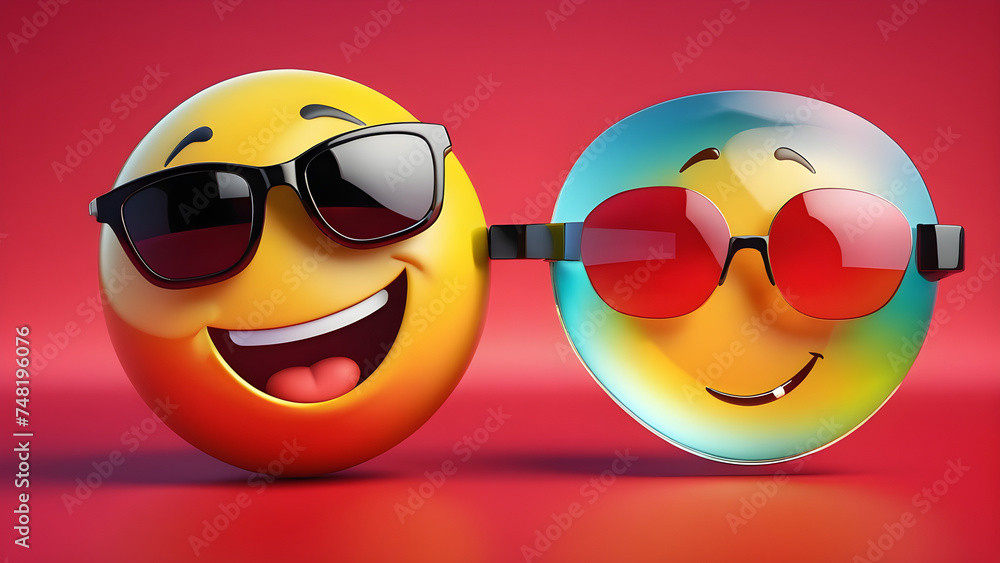 smiley face. a summer emoji on a red background. cool glass cartoon ...