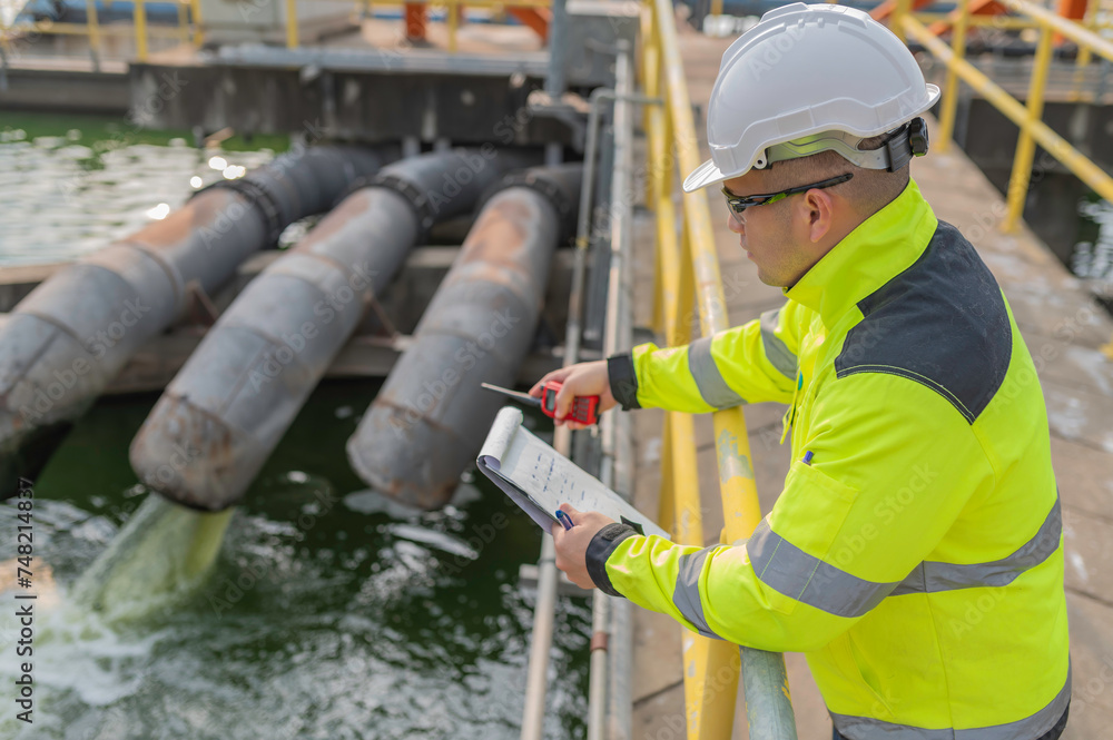 Environmental engineers work at wastewater treatment plants,Water ...