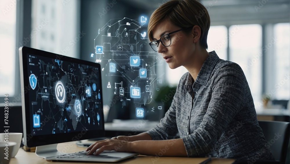 Beautiful Short Haired Project Manager Working on Computer in Office ...