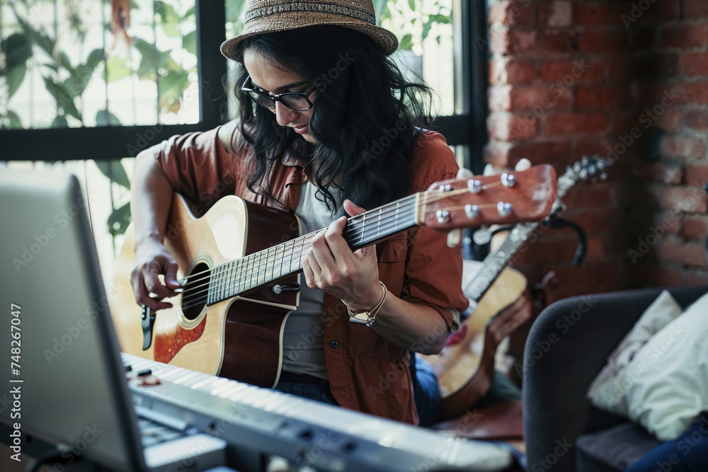 Generative AI illustration of woman sits in a home music studio ...