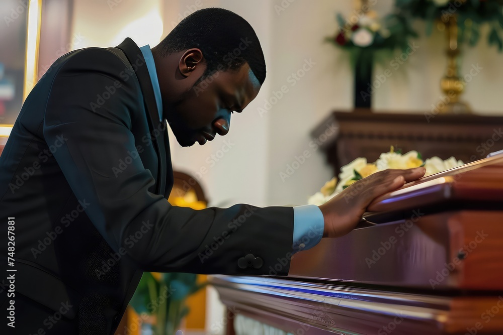 Funeral. A man stands at the coffin, saying goodbye to a loved one. A ...