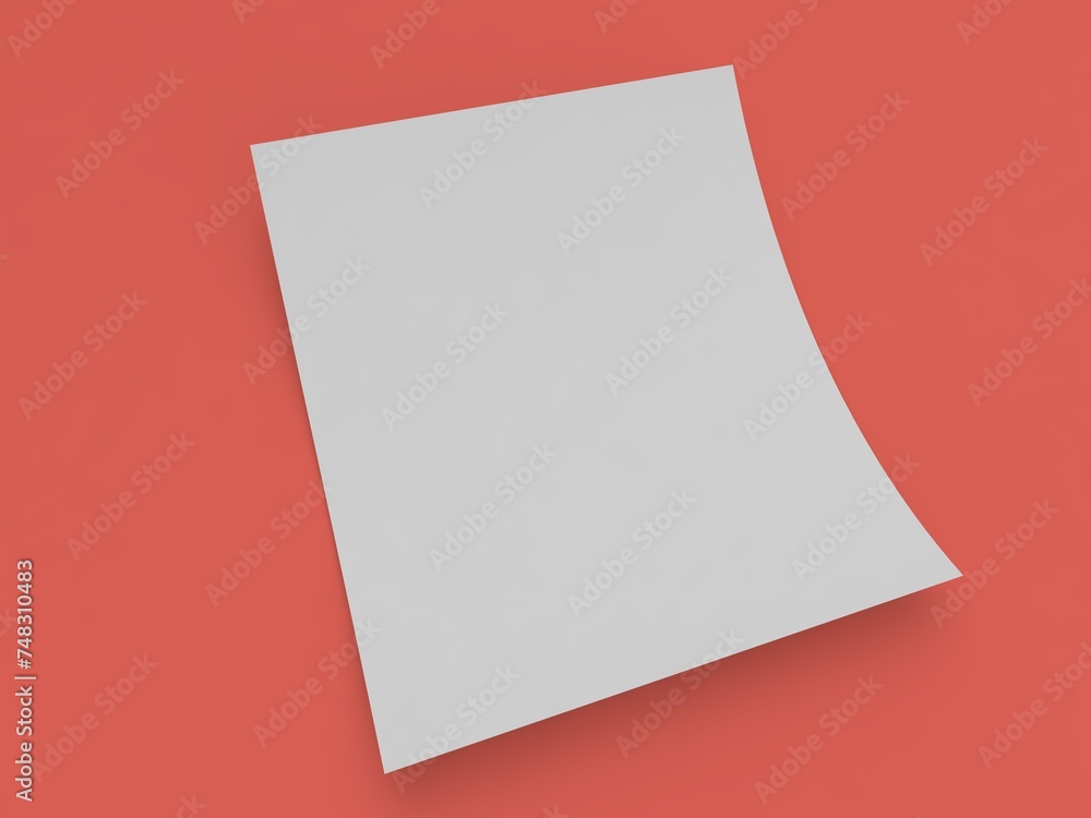 Blank A4 paper template on a red background. Curved white paper mockup ...
