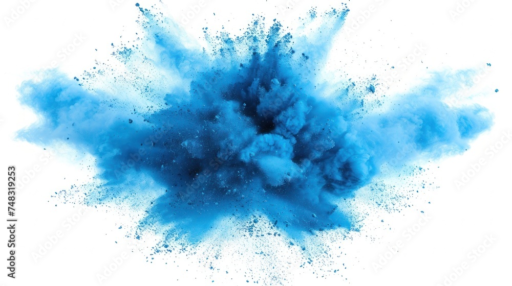 Abstract blue dust explosion on white background, Freeze motion of blue ...