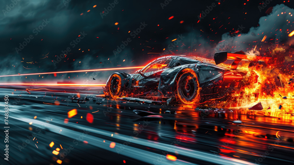Sports car driving fast with fire on dark background, burning vehicle ...