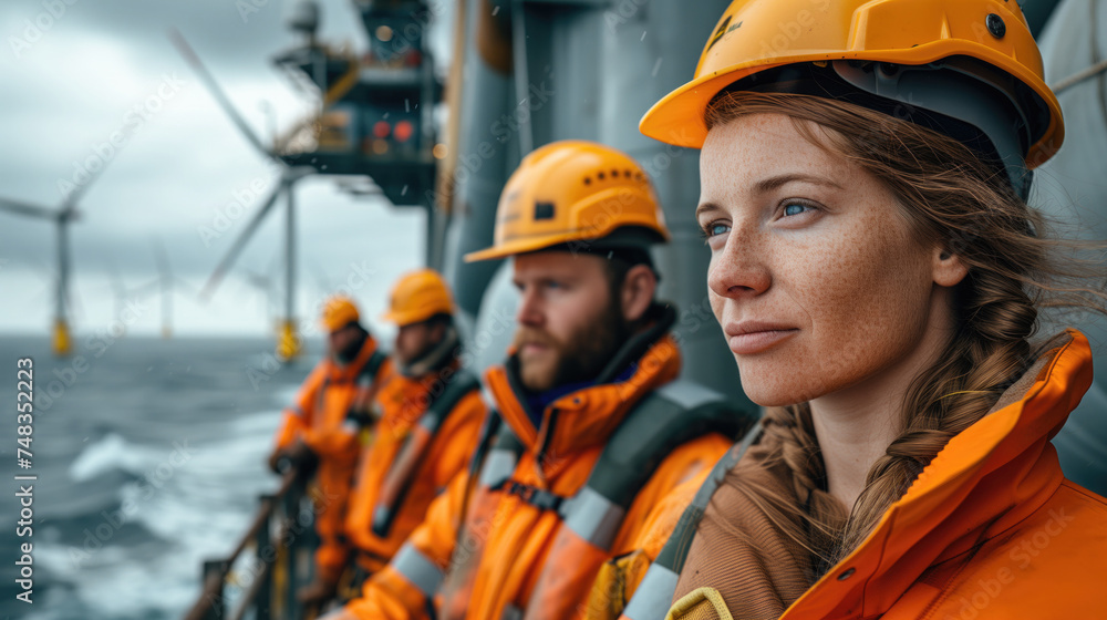 Offshore Wind Farm Construction: Workers aboard a construction vessel ...