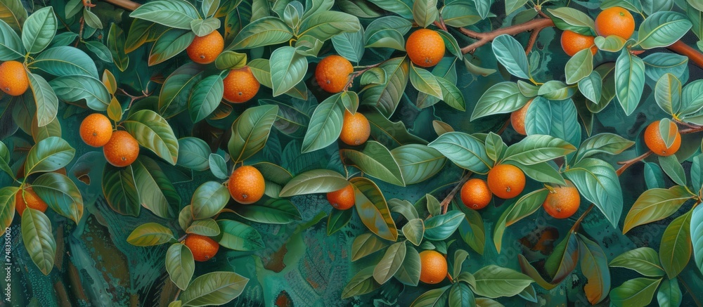 The painting depicts a vibrant mandarin orange citrus reticulata tree ...