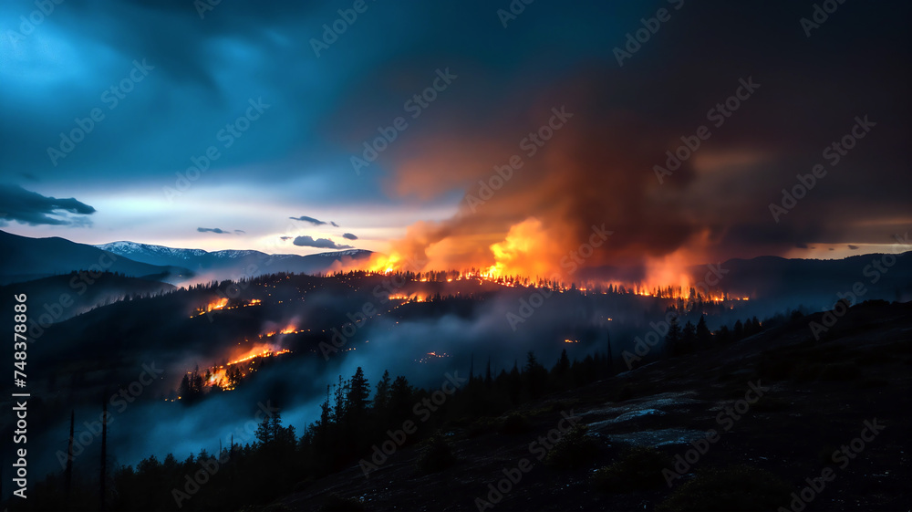 Forest wildfire at dusk representing disaster, climate change, emergency response and ...