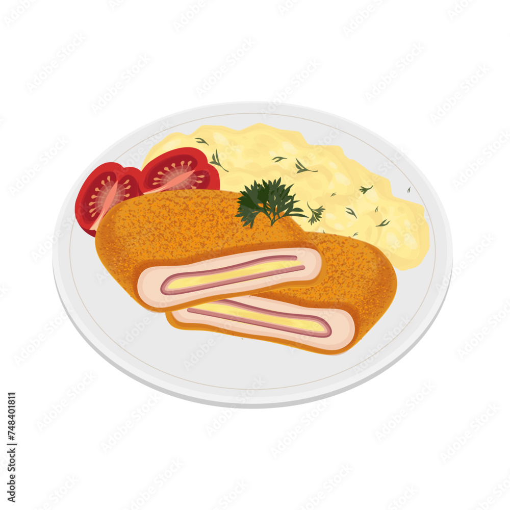 Vector illustration logo Fried Chicken schnitzel cordon bleu with ...