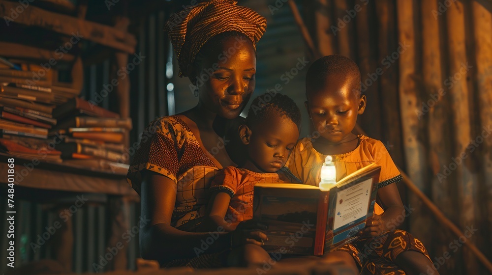 Create a raw and realistic photo of an African child reading a book ...