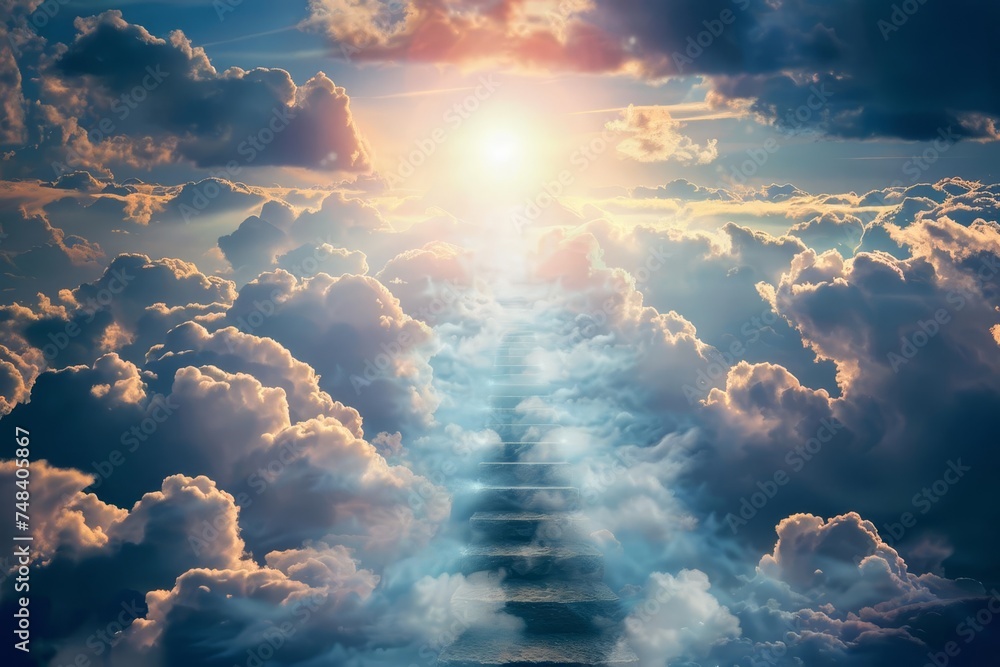 Staircase ascending through clouds towards a radiant light Symbolizing ...