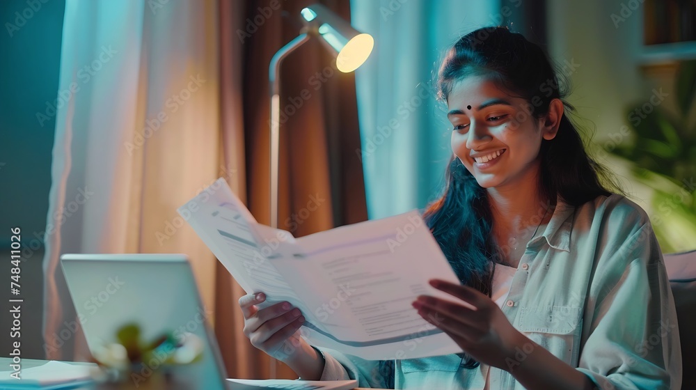Smiling young indian woman holding paper bill letter doing paperwork ...