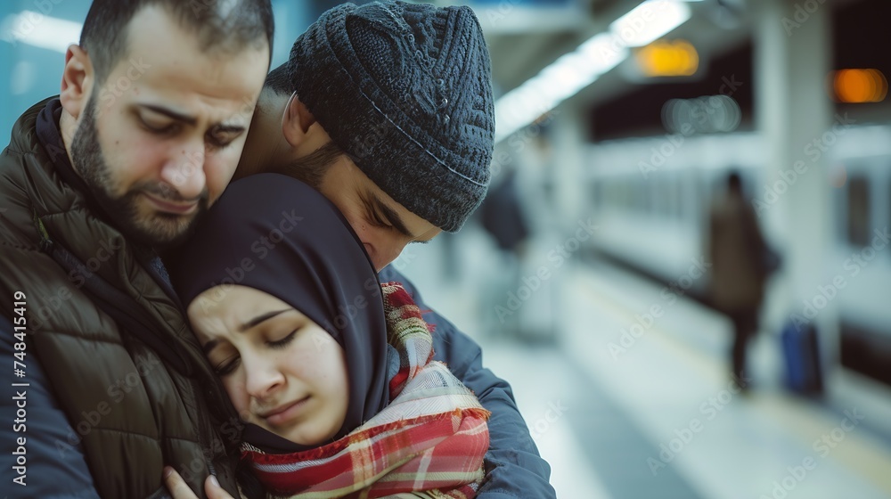 Side view of a muslim man comforting a sad caucasian girl mourning in a ...