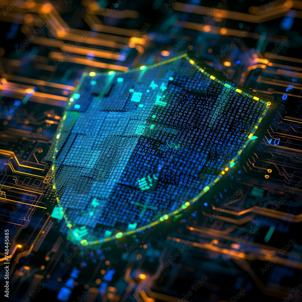 Cybersecurity logo with circuit board background, shield, cyber ...