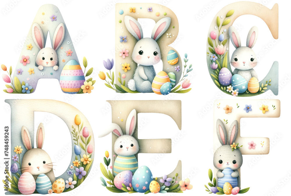 Easter Bunny Alphabet Letters Illustration with cute bunny and egg ...