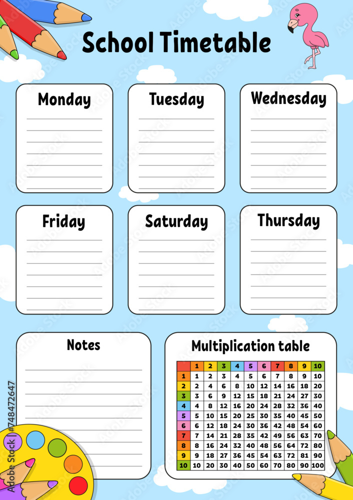School timetable with multiplication table. For the education of ...