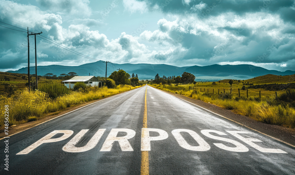 The word PURPOSE written on an open asphalt road amidst a vast ...