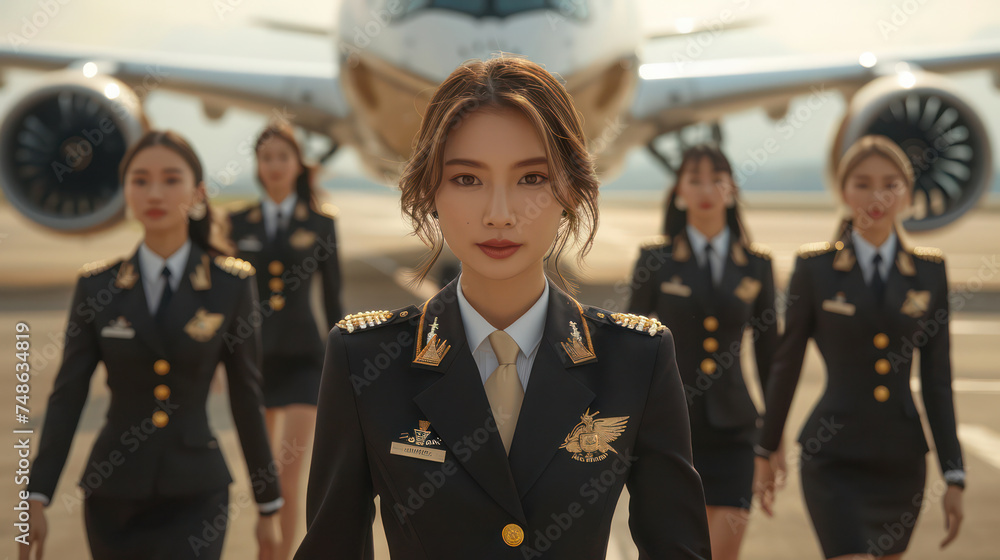 Group of asian women Pilot captain wearing a flight suit and flight ...