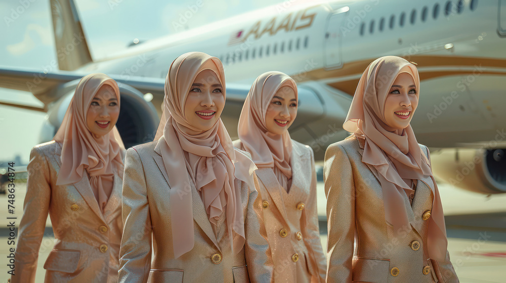 A group of female Asian Muslim pilot captains wore pilot uniforms and ...