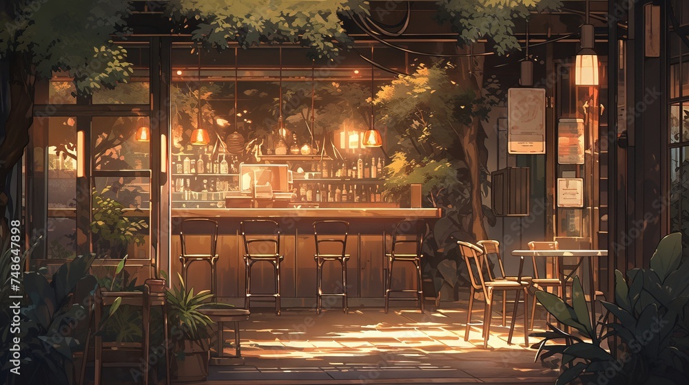 Anime-style illustration of a cozy cafe interior with wooden furniture ...