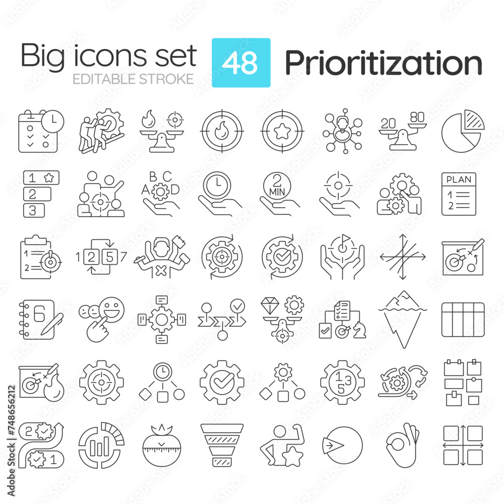 Prioritization linear icons set. Time management. Task organization. Pareto principle, process ...