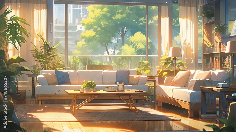 Bohemian living room with gray sofa and yellow accents in anime style ...