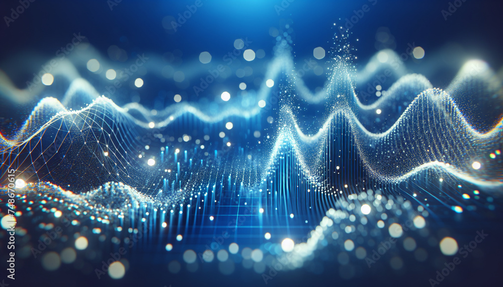 blue background, digital signature with wave particles, sparkle, veil ...