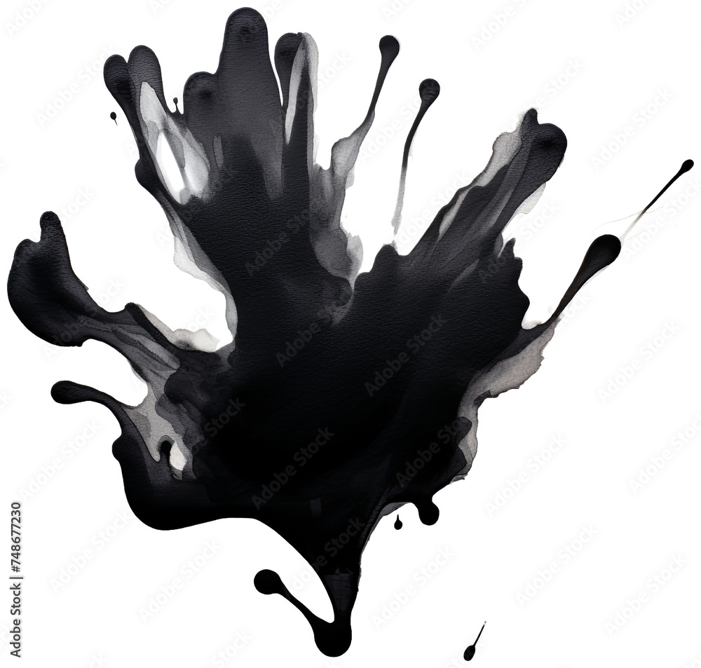 black watercolor ink blot isolated on a white transparent background ...