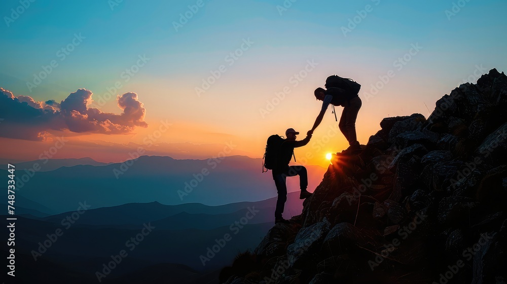 Teamwork friendship hiking help each other trust assistance silhouette ...