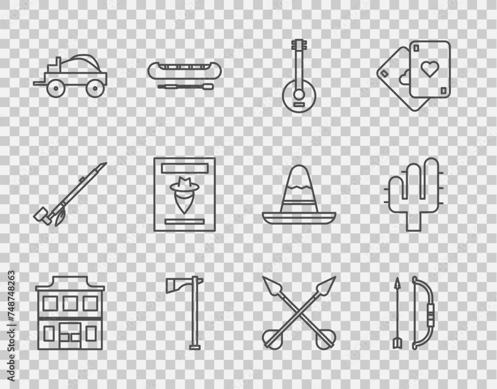 Set line Wild west saloon, Bow and arrow in quiver, Banjo, Tomahawk axe ...