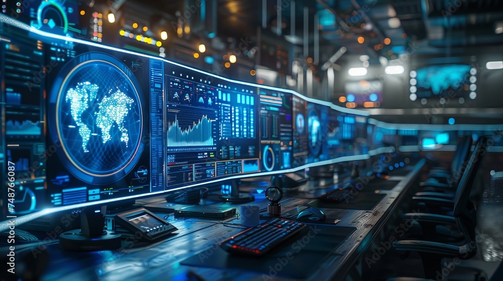Cybersecurity Command Center: A high tech command center monitoring and protecting against ...
