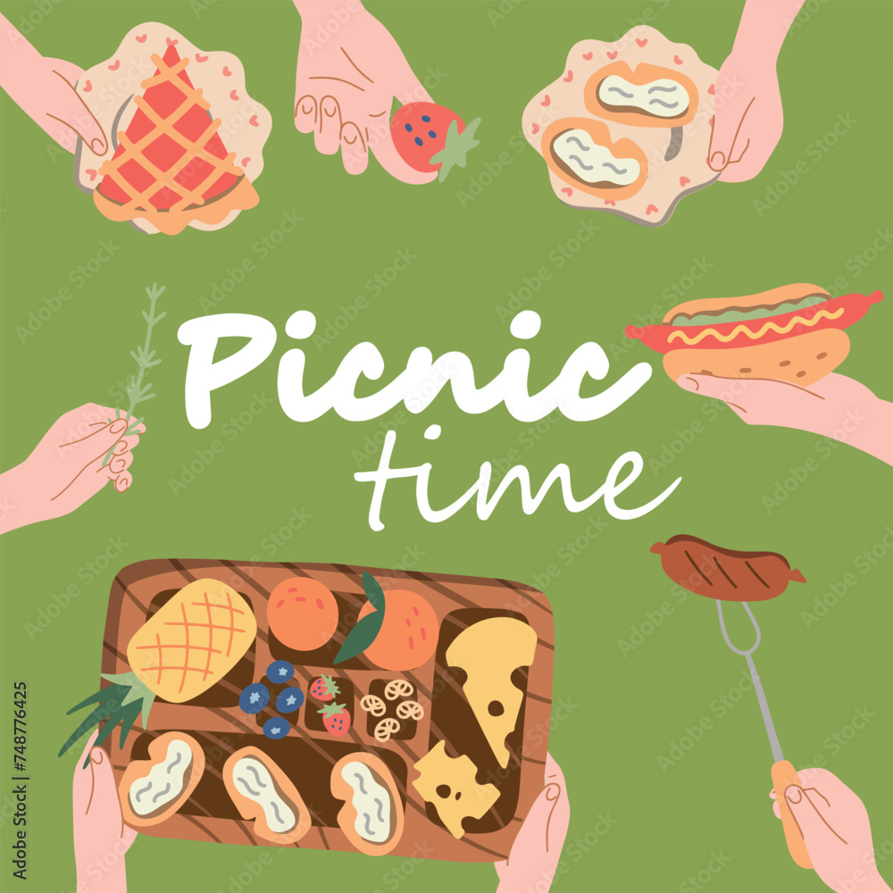Picnic in the park. people share delicious food fruits, vegetables ...