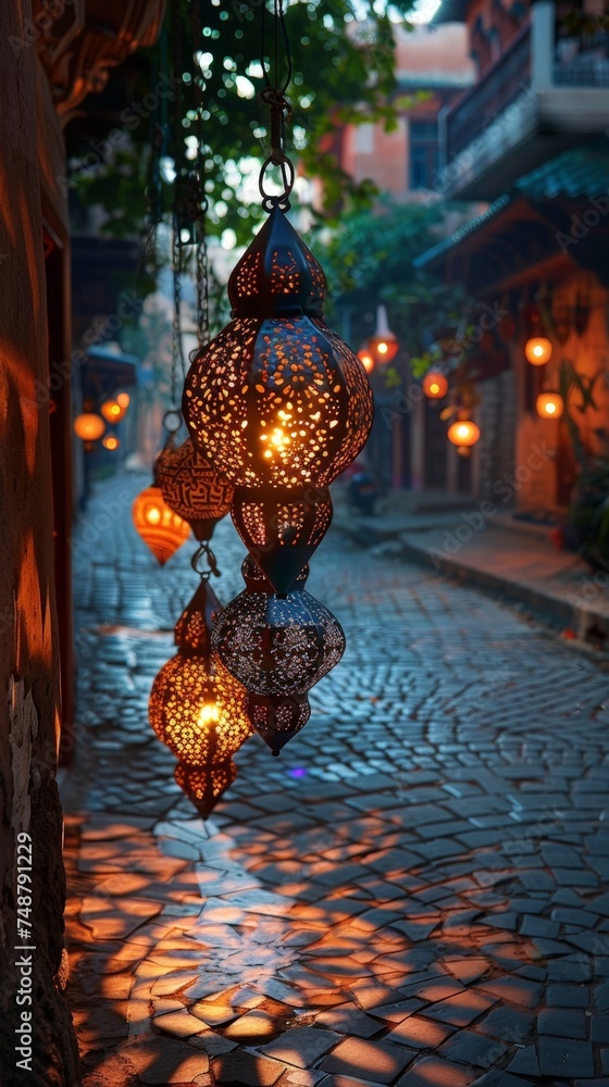 Moroccan lanterns hanging from an arched vine overhead, their light ...