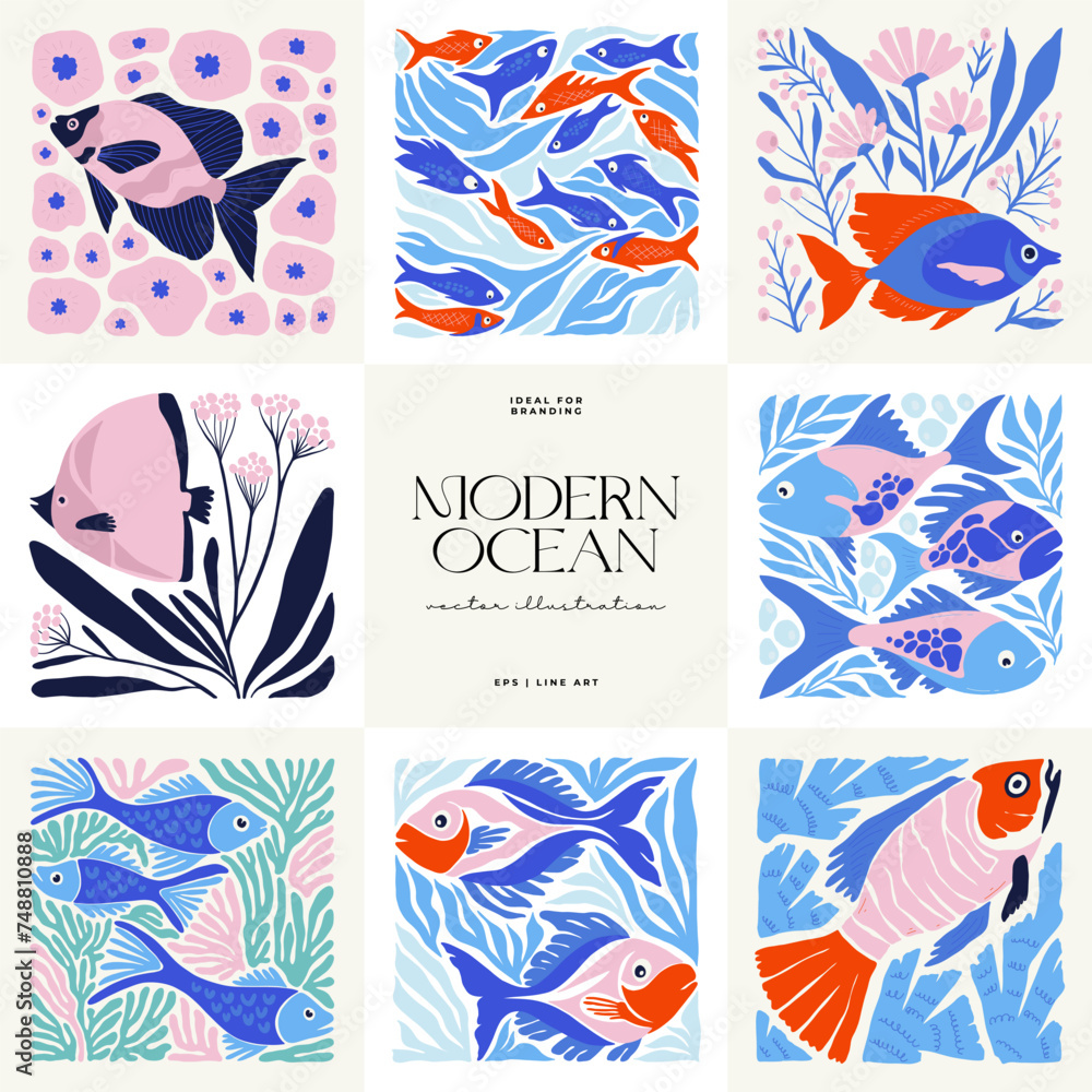 Underwater world, ocean, sea, fish and shells vertical flyer or poster ...