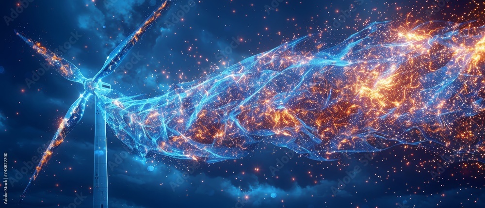 Blue glowing lightning near a wind turbine. Concept of renewable energy ...