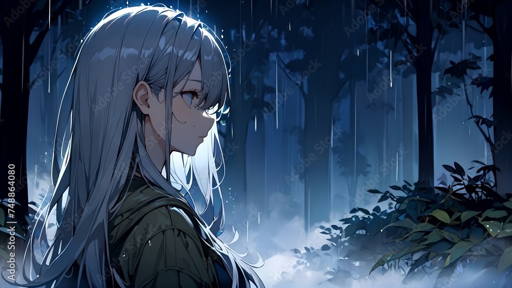 Lonely anime girl against a forest background, fog, illustration, anime ...