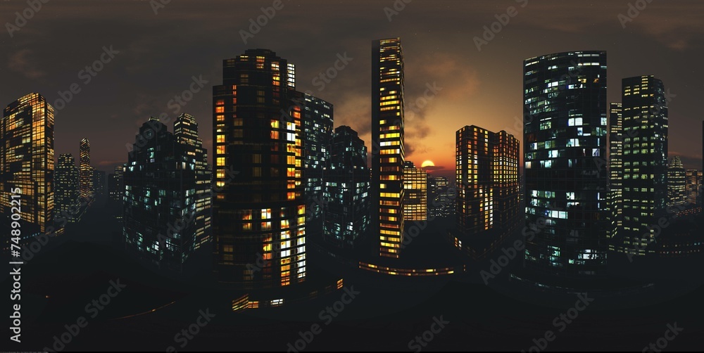 Panpanorama of the night city, HDRI, environment map, Round panorama ...