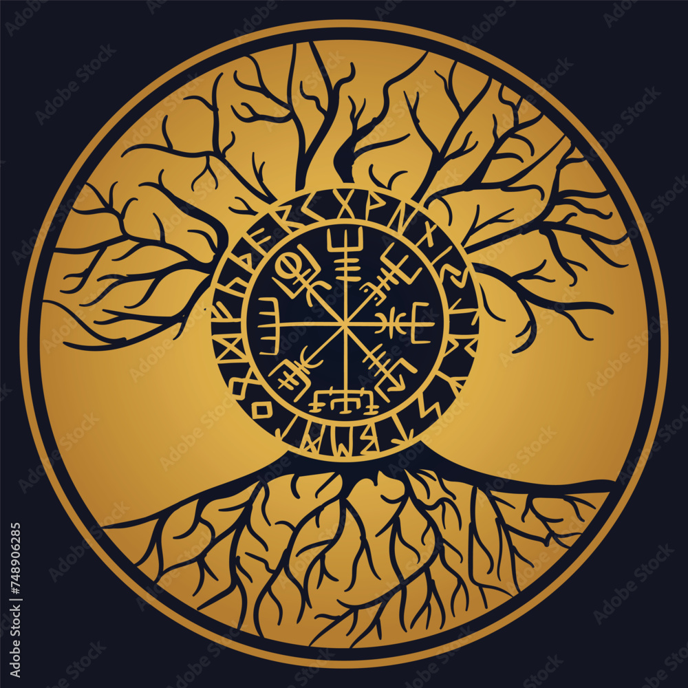 Yggdrasil, the tree of life. Vikings symbol Odin,with futhark runes ...