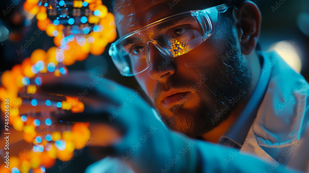 A scientist in a lab coat captivated by the intricate details of a 3D ...