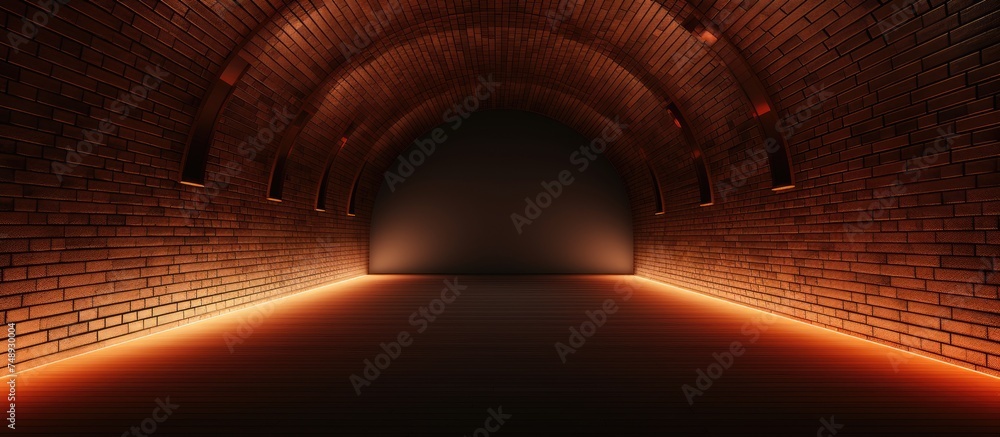 A tunnel with dark, bare brick walls stretches into the distance ...