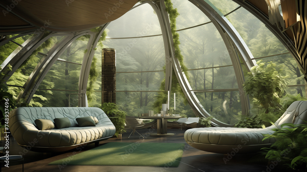 Biophilic design in a futuristic home, seamlessly integrating nature with technology to create a ...