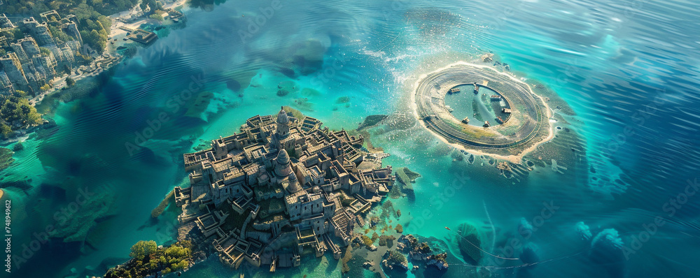 Aerial view of Atlantis forgotten landscapes submerged cities with ...