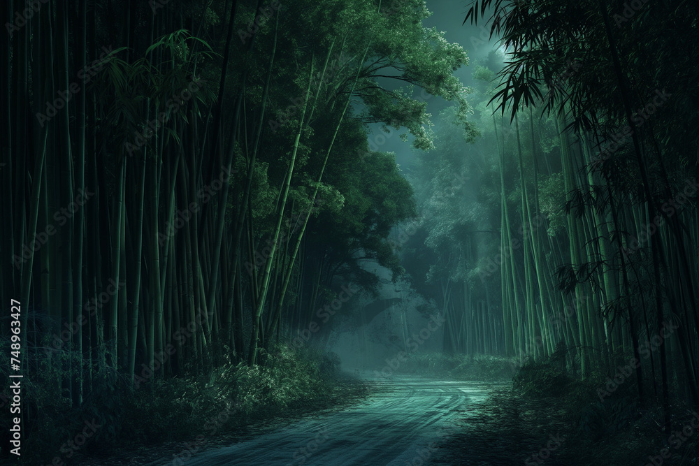 Enigmatic Moonlit Path Through Bamboo Forest: A Mysterious and Tranquil Nocturnal Journey ...